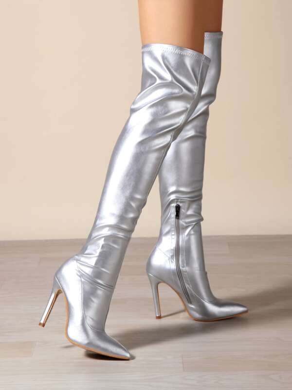 Femme Bottes À Zip Latéral Métallique , Glamour À Bout Pointu À Talons ...