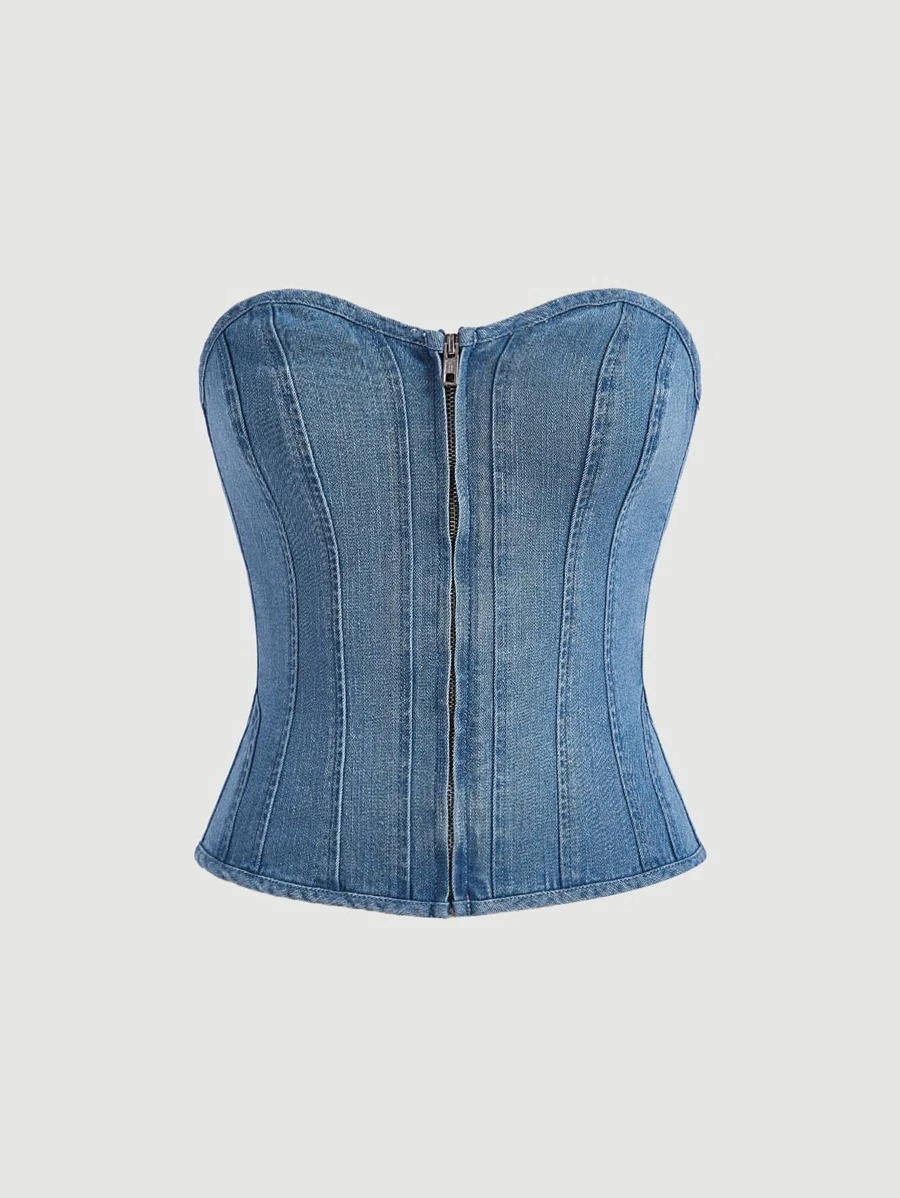 SHEIN MOD Zip Up Tube Denim Top | SHEIN USA