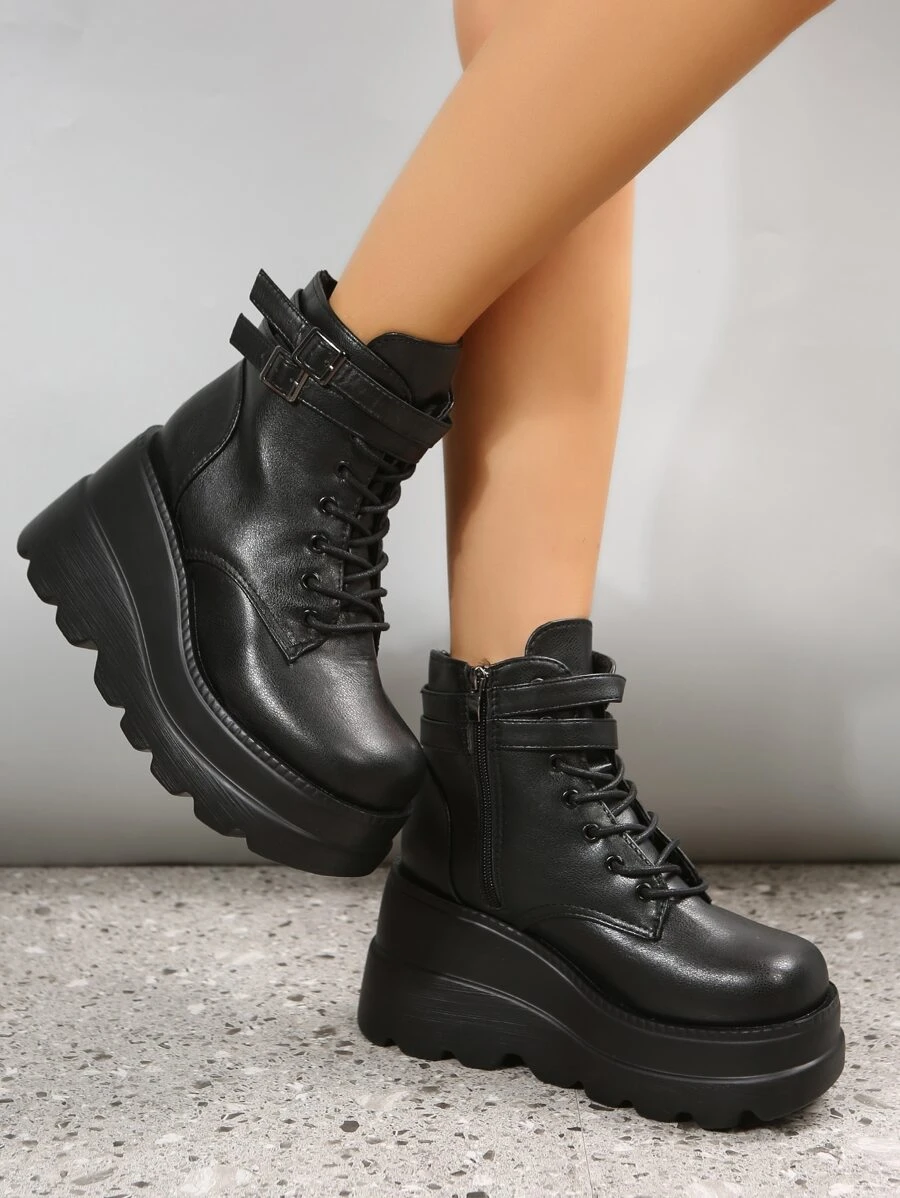 Punk Style Buckle Decorated Side Zipper Lace-up High Heel Boots | SHEIN USA