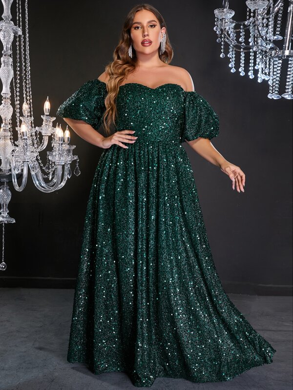 Plus Off Shoulder Puff Sleeve Floor Length Sequin Formal Dress | SHEIN USA