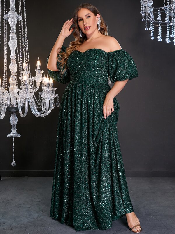 Plus Off Shoulder Puff Sleeve Floor Length Sequin Formal Dress | SHEIN USA