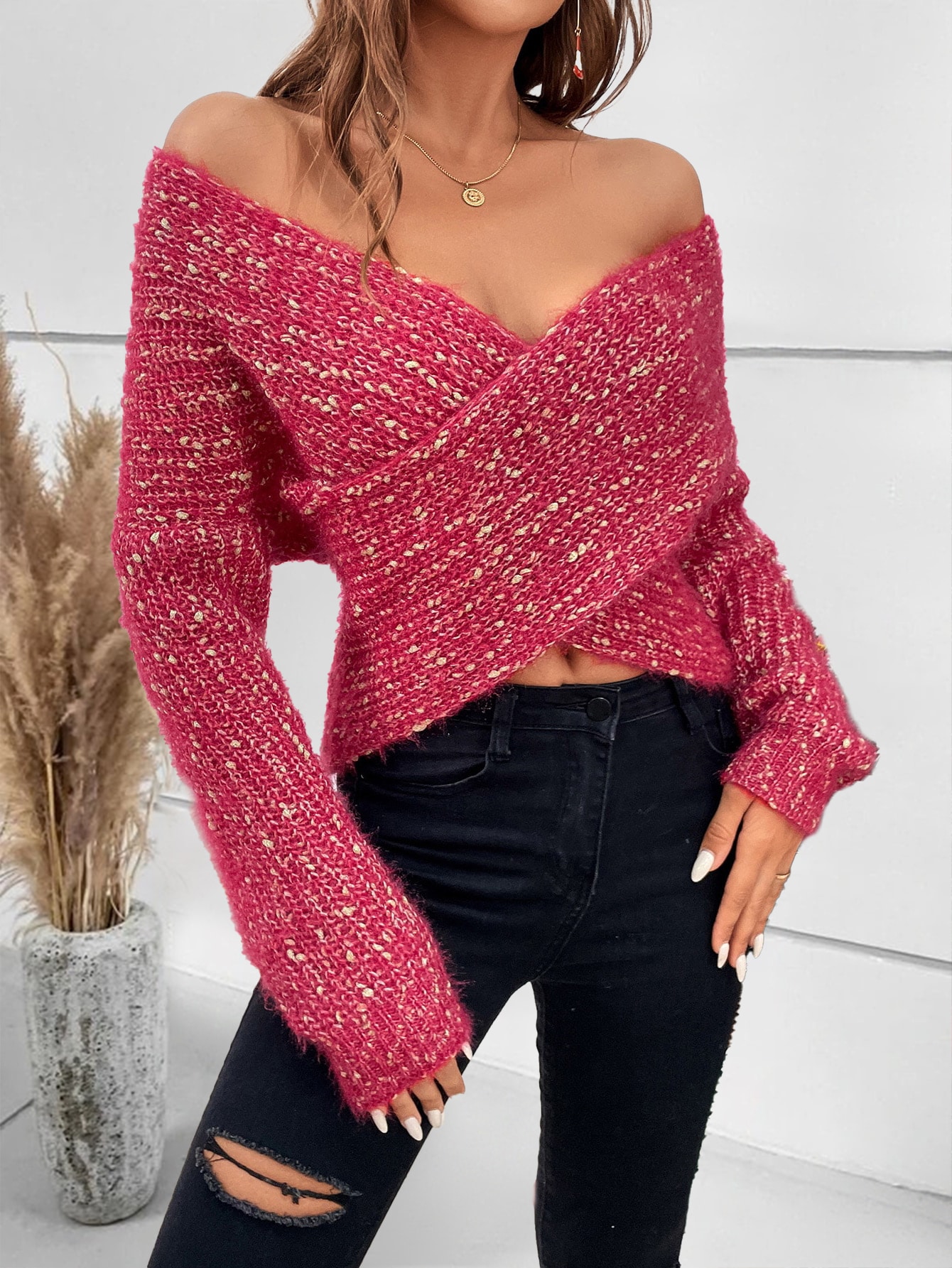 Shein Essnce Crossover Drop Shoulder Crop Sweater Shein Usa