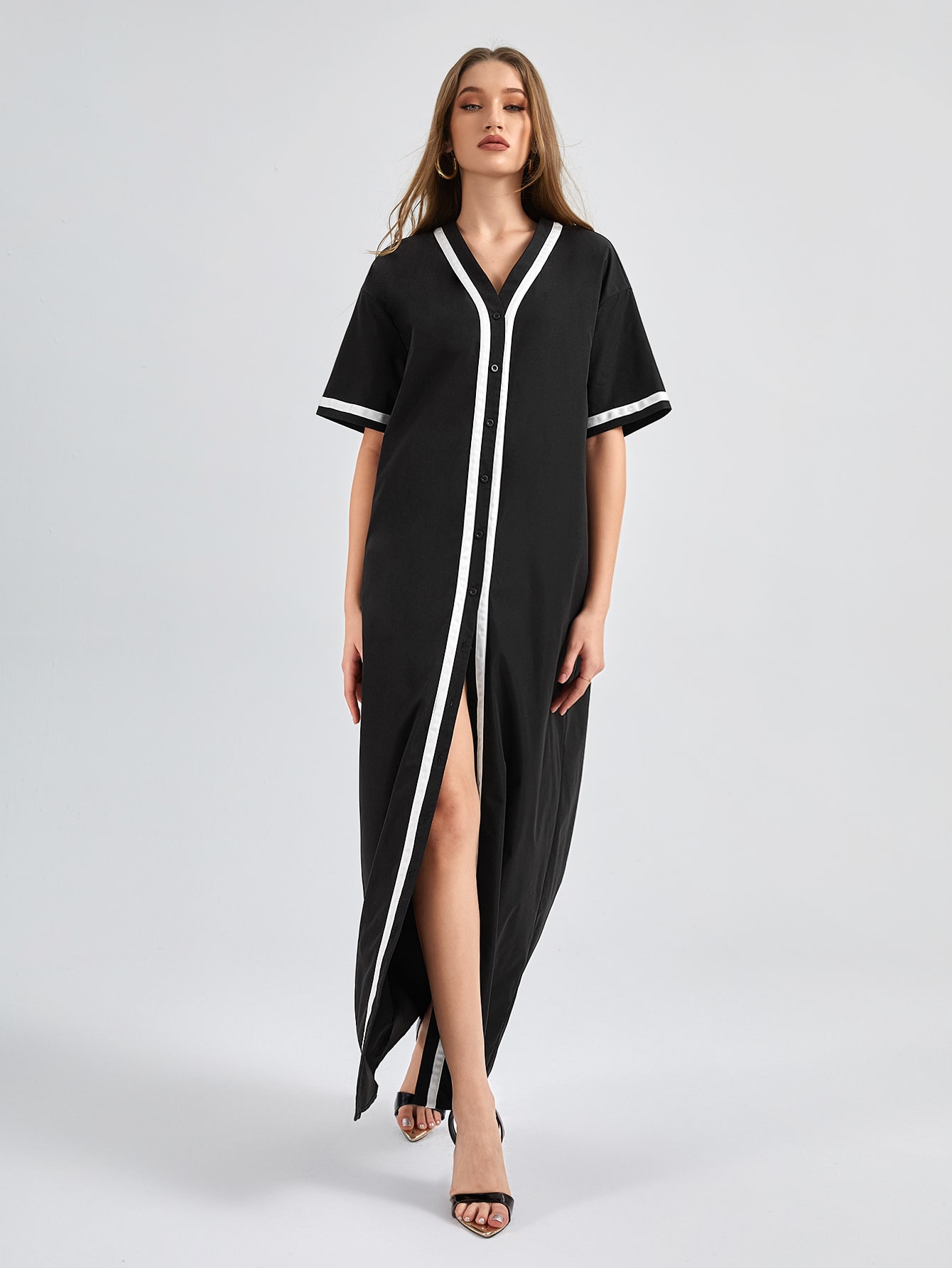 Planetjag Contrast Trim Split Thigh Dress Shein Usa