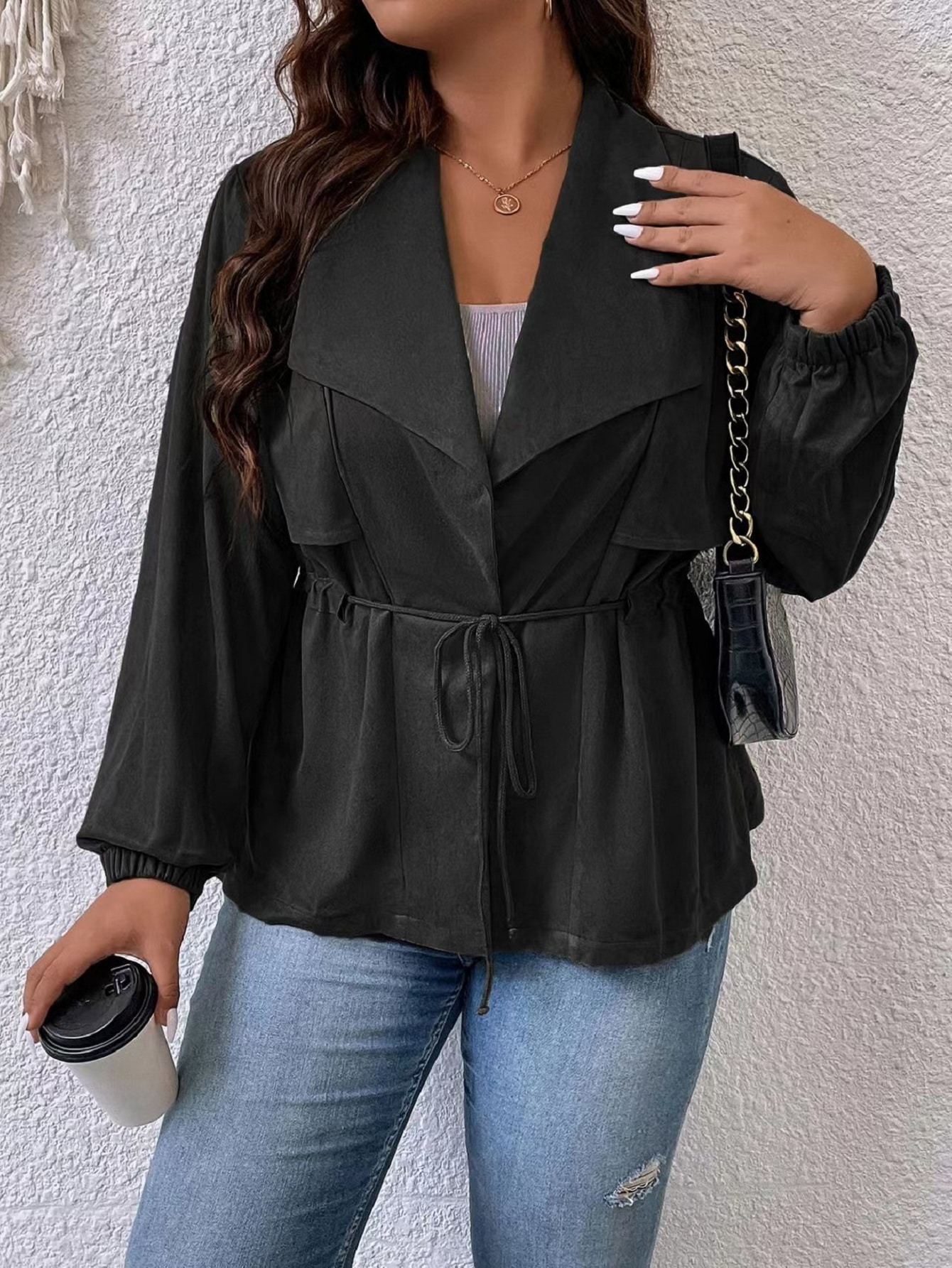 SHEIN Essnce Plus Waterfall Collar Drawstring Waist Jacket | SHEIN USA