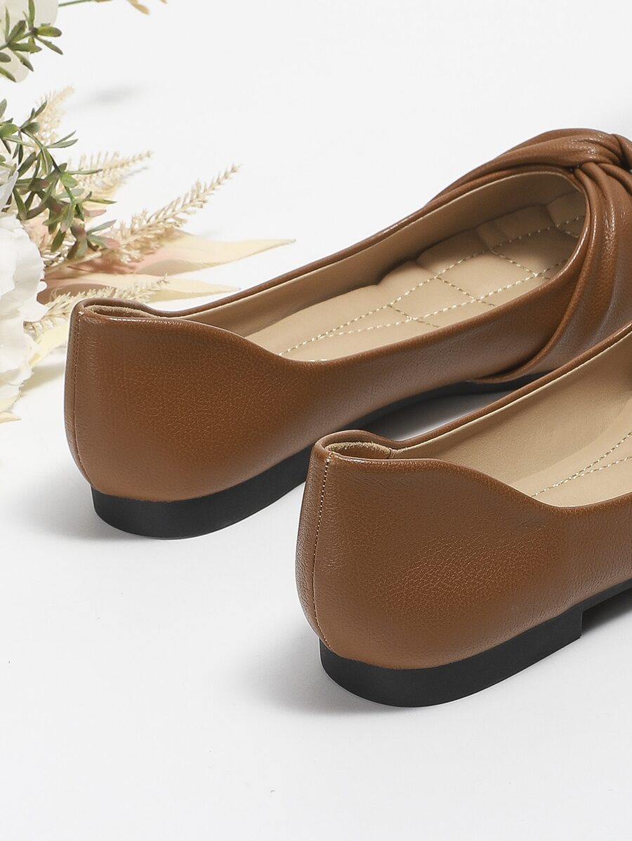 Twist Detail Point Toe Ballet Flats, Brown Elegant Twisted Knot Solid ...