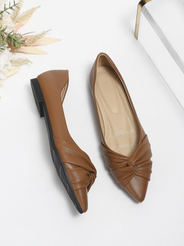 Twist Detail Point Toe Ballet Flats, Brown Elegant Twisted Knot Solid ...