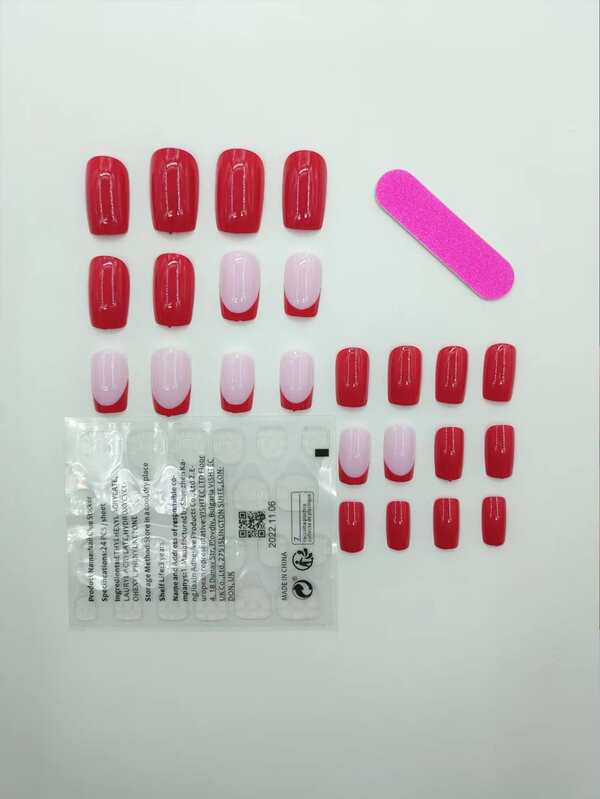 Elevate Your Style with 24pcs Short Square Pink Red French Fake Nail ...