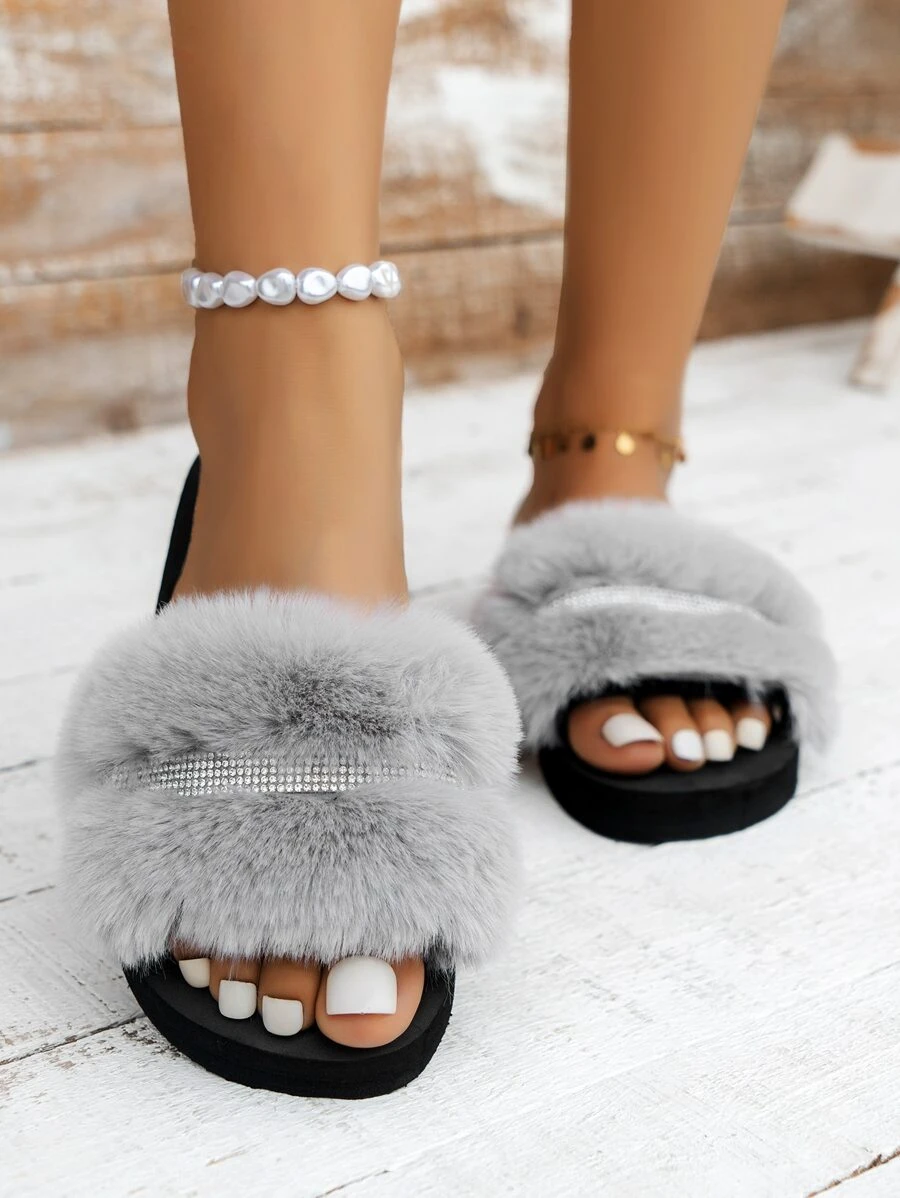 Rhinestone Decor Fuzzy Slides | SHEIN UK