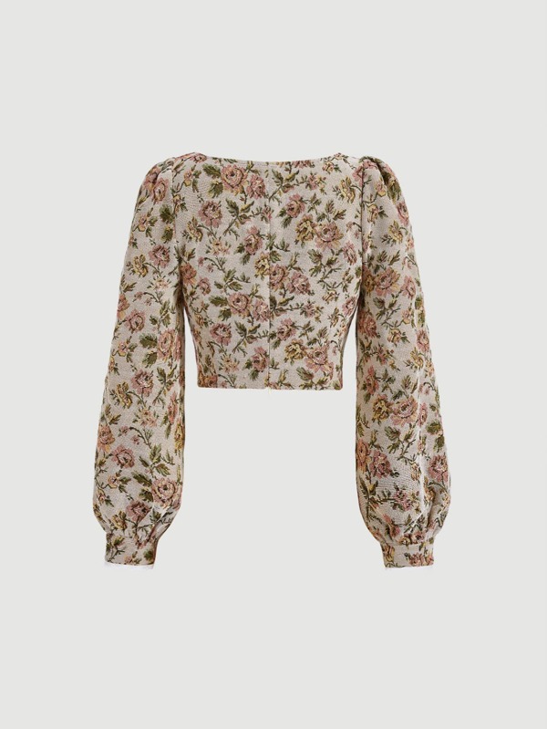 Shein Mod Floral Jacquard Sweetheart Neck Lace Trim Balloon Sleeve Crop