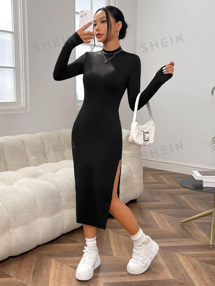 SHEIN EZwear Vestido Negro Ajustado Con Escote Simulado Y Abertura En ...
