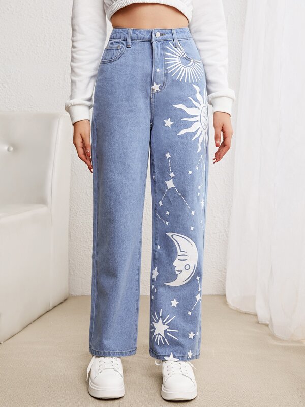 SHEIN Teen Girls Sun & Moon Print High Waist Jeans | SHEIN UK