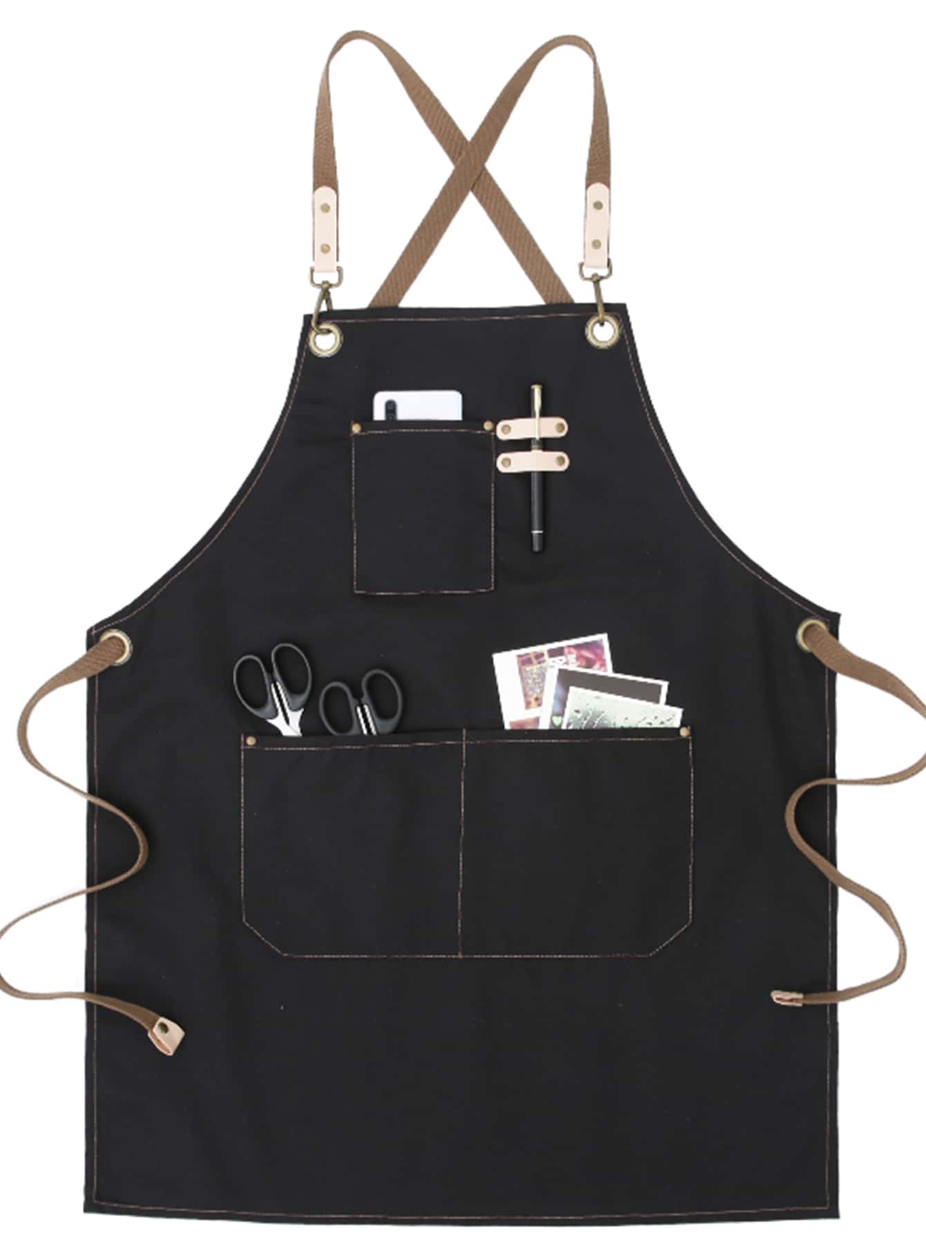 1pc Black Apron, Polyester Studded Detail Chef Apron For Household ...