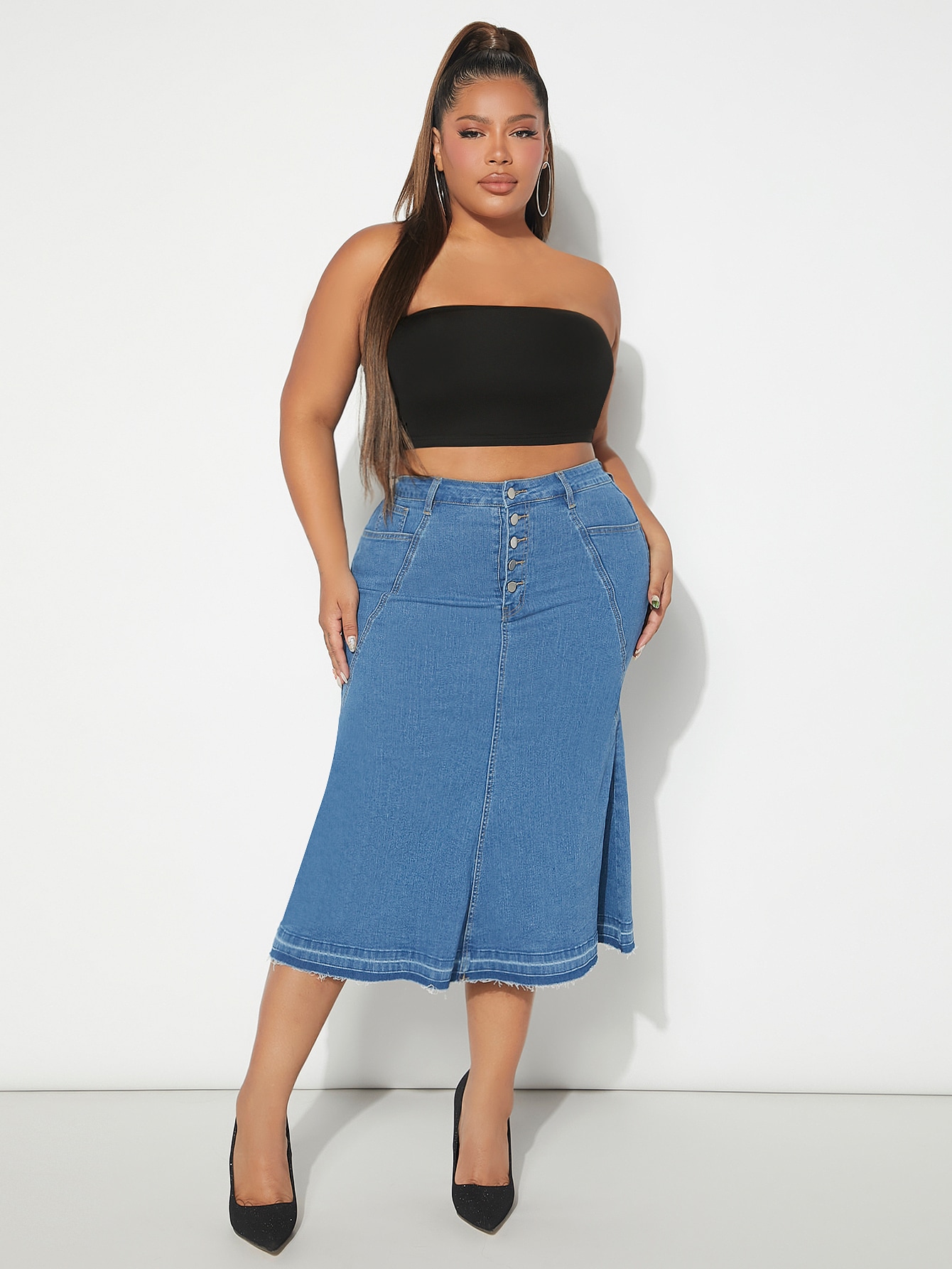 Plus Button Fly Mermaid Hem Denim Skirt | SHEIN USA