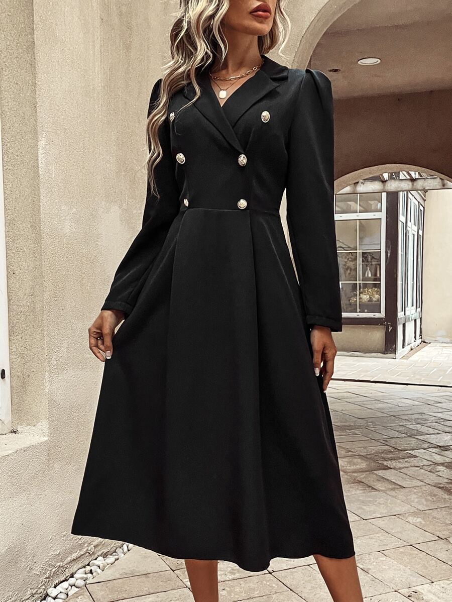 SHEIN Unity Lapel Neck Double Breasted Puff Sleeve Dress | SHEIN EUR