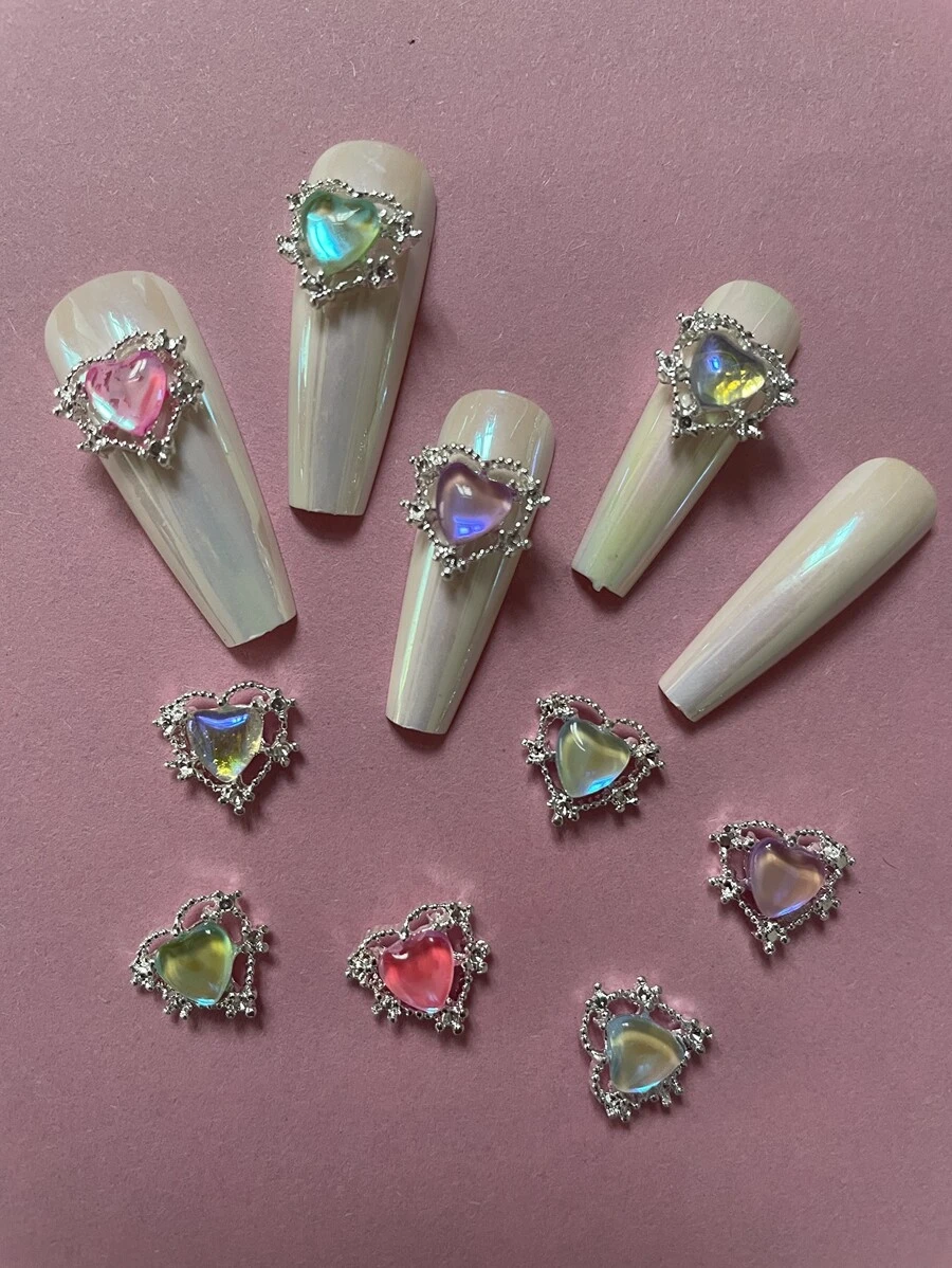 10pcs Heart Shaped Metal Nail Decoration With Colorful Rhinestones DIY ...