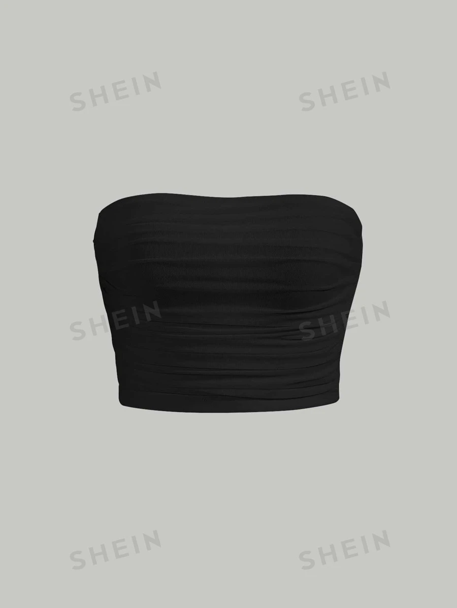 SHEIN MOD Solid Ruched Crop Tube Mesh Top Strapless Top for Sale ...