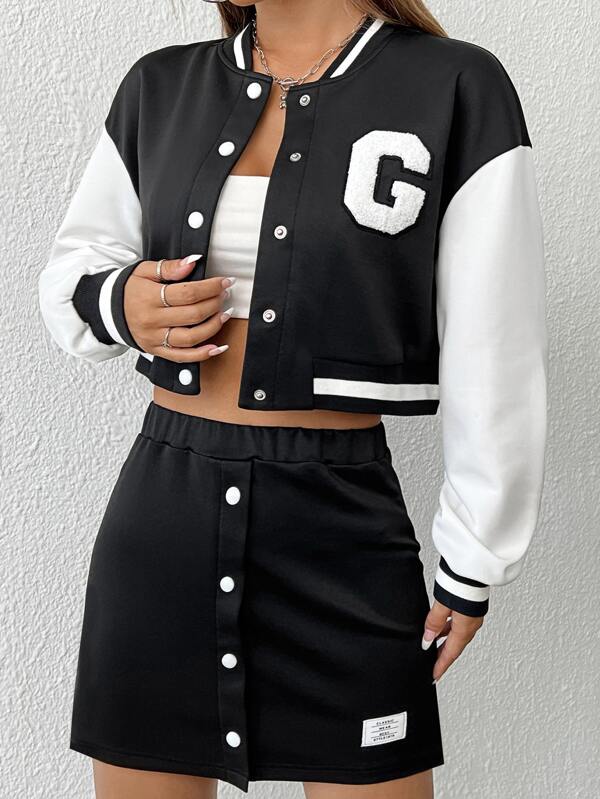 Shein Ezwear Letter Patched Striped Trim Drop Shoulder Crop Varsity