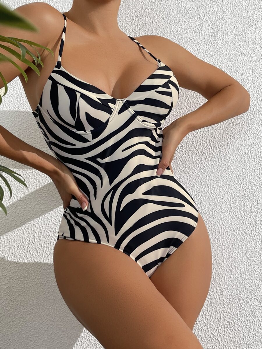 Zebra Striped Underwire One Piece Swimsuit For Summer Beach Vacation | SHEIN USA