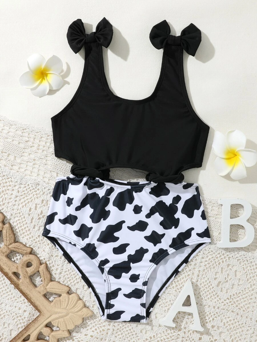 Young Girl Cow Print Bow Shoulder Cut Out One Piece Swimsuit | SHEIN USA