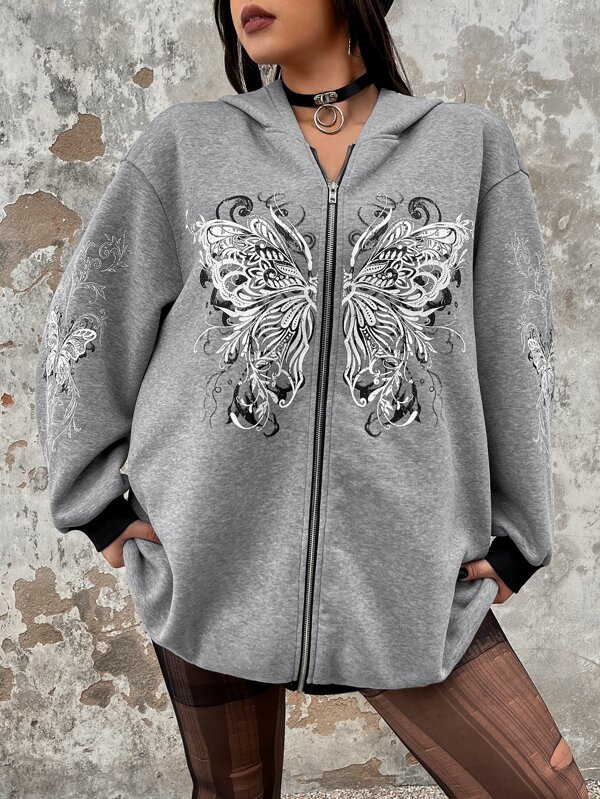 ROMWE PUNK Plus Butterfly Print Zip Up Drop Shoulder Hoodie | SHEIN USA
