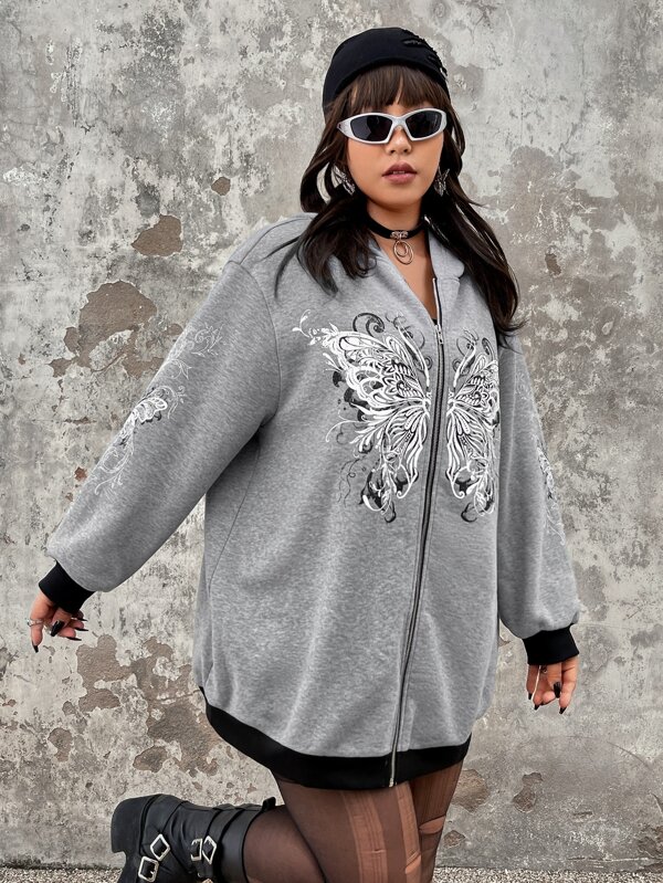 ROMWE PUNK Plus Butterfly Print Zip Up Drop Shoulder Hoodie | SHEIN USA
