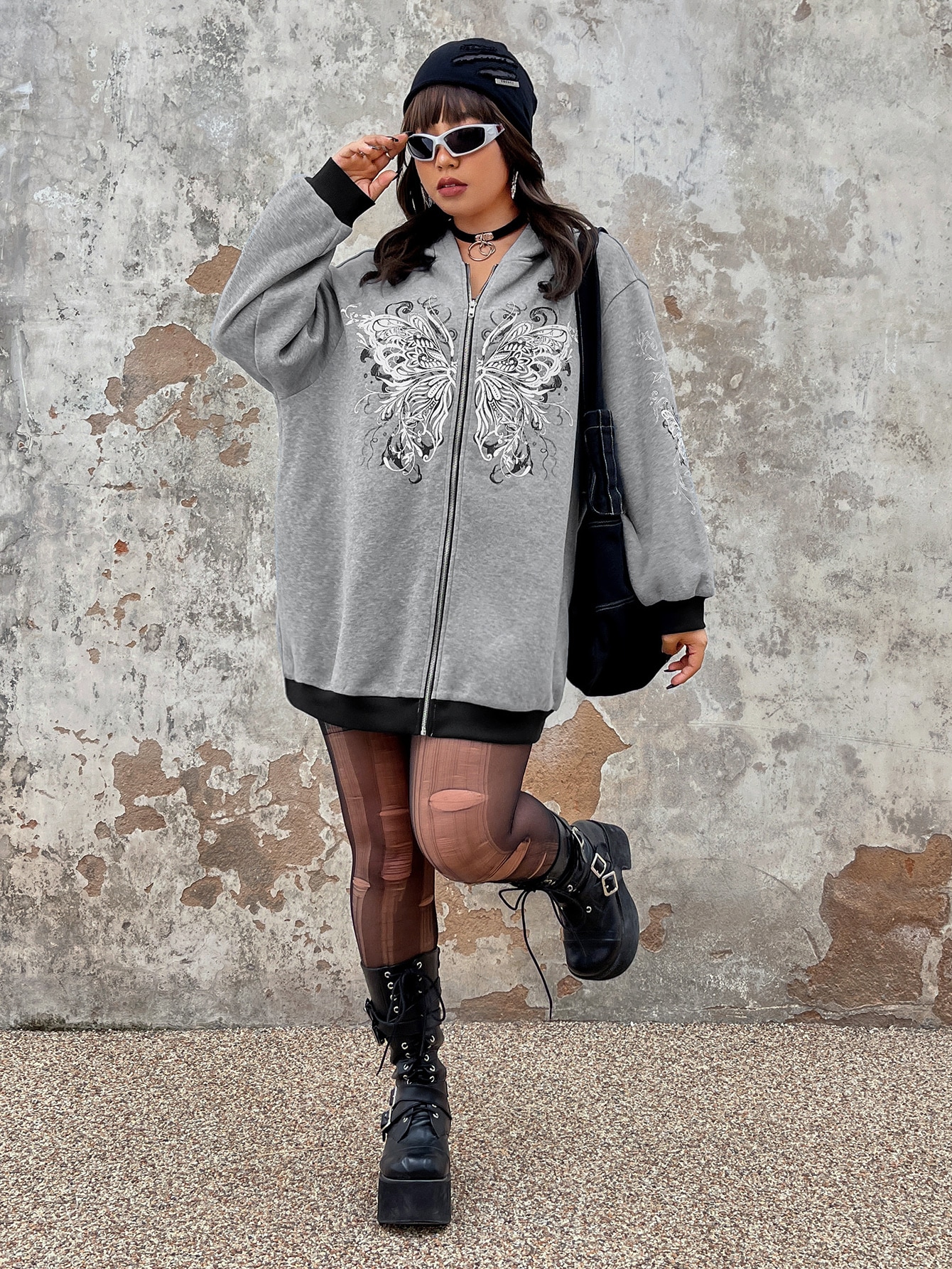 ROMWE PUNK Plus Butterfly Print Zip Up Drop Shoulder Hoodie | SHEIN USA