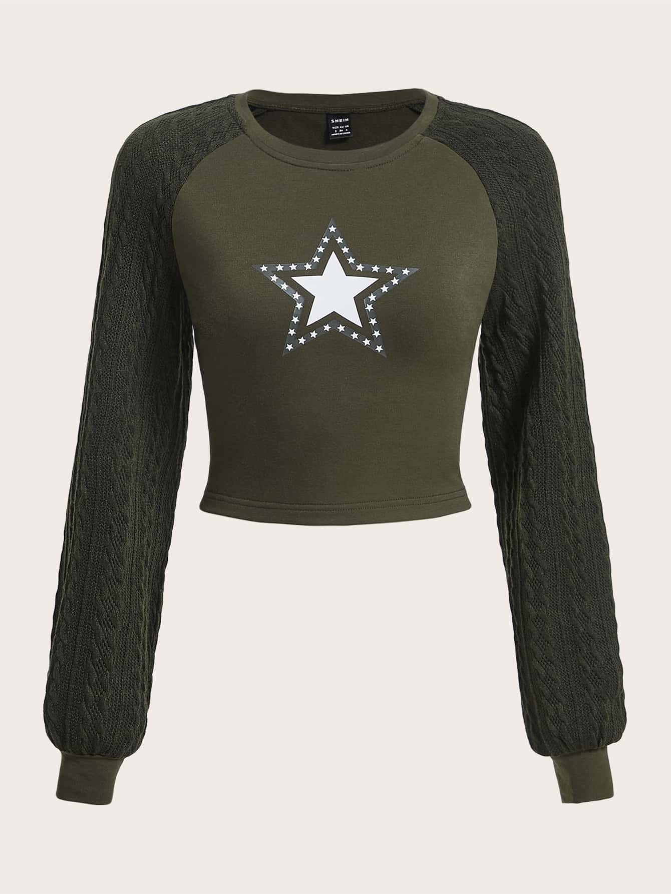 ROMWE PUNK Grunge Star Print Raglan Sleeve Crop Sweatshirt | SHEIN USA