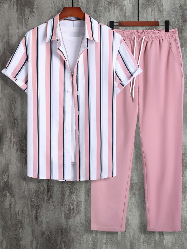 Manfinity Homme Men Striped Print Shirt & Drawstring Waist Pants ...