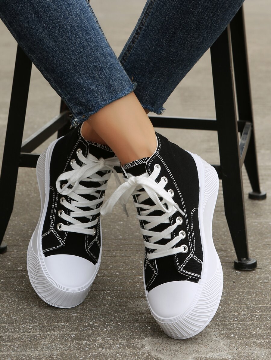 Lace-up Front High Top Canvas Shoes, High-top Black Solid Color Women's ...