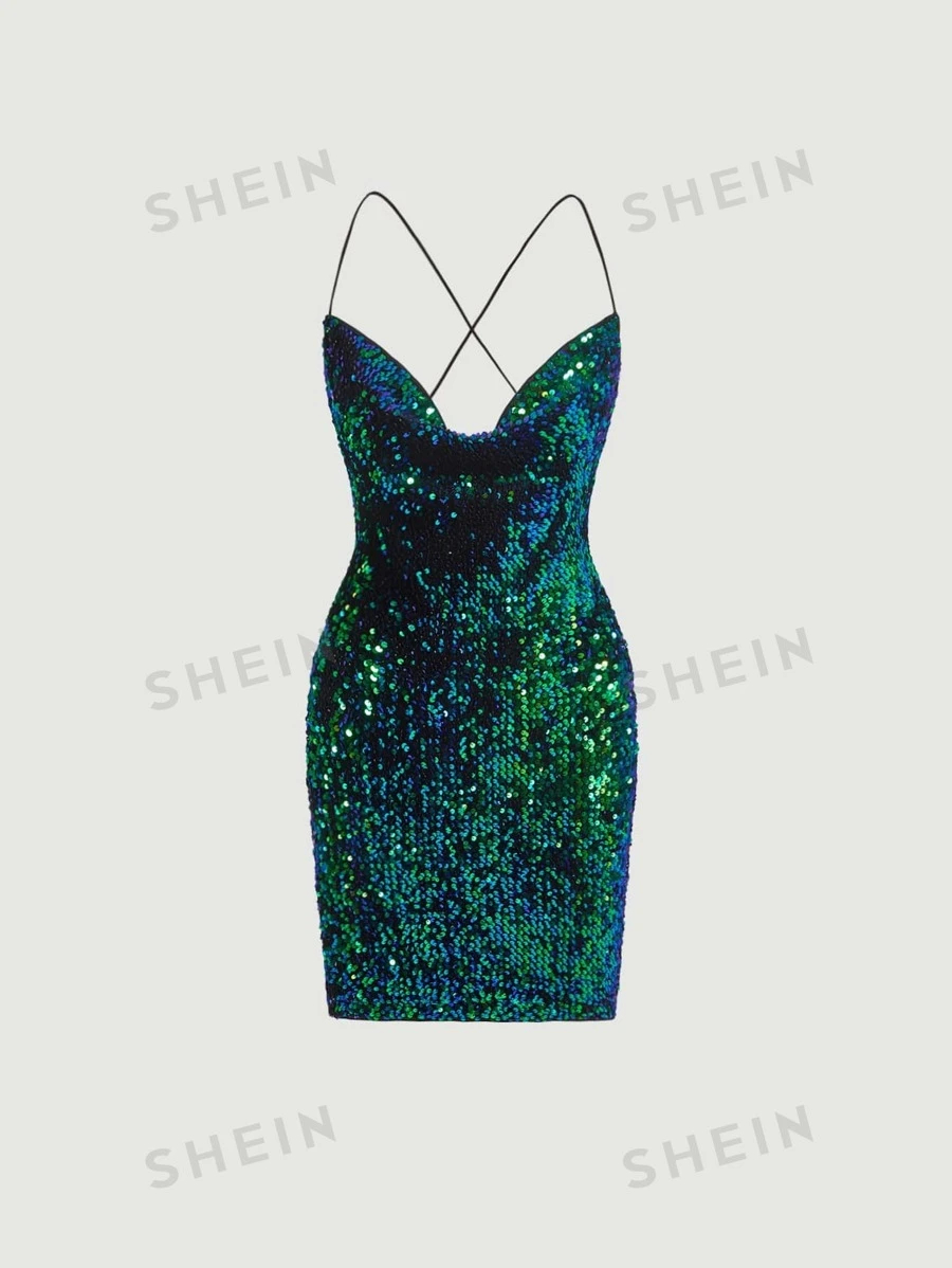 SHEIN BAE Crisscross Backless Sequins Cami Dress Sparkly Dress | SHEIN UK
