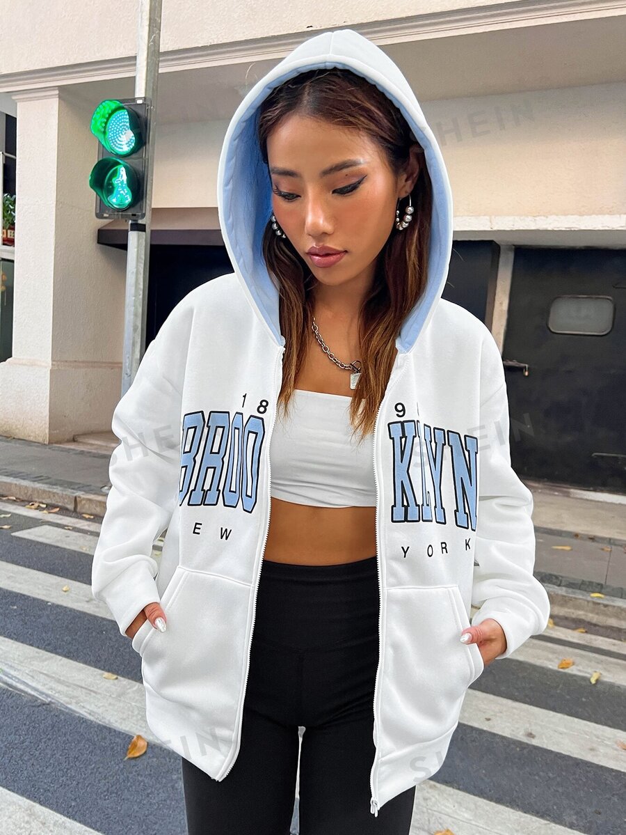 SHEIN EZwear Letter Graphic Zip Up Drop Shoulder Hoodie | SHEIN USA