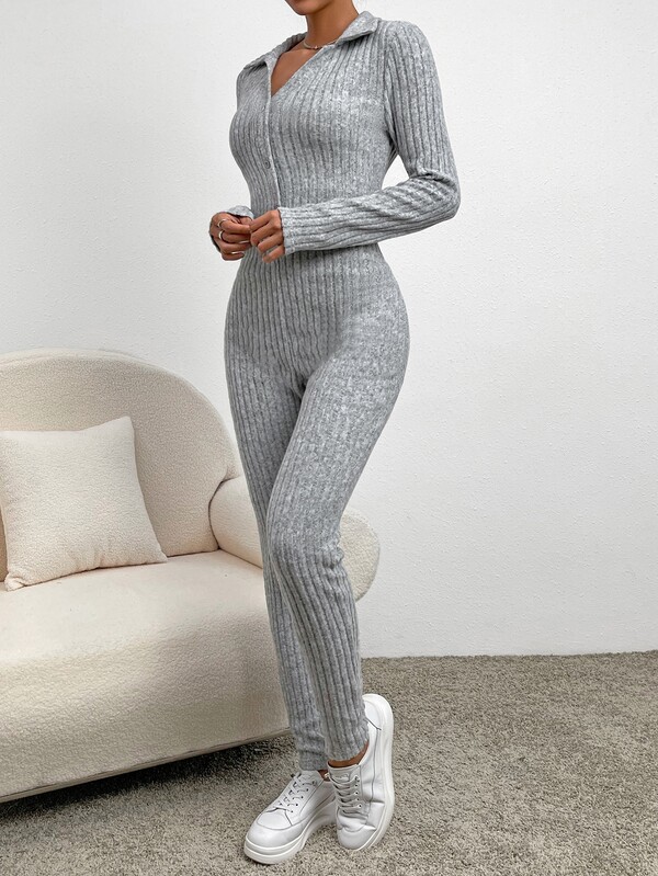SHEIN Essnce Half Button Ribbed Knit Unitard Jumpsuit | SHEIN USA