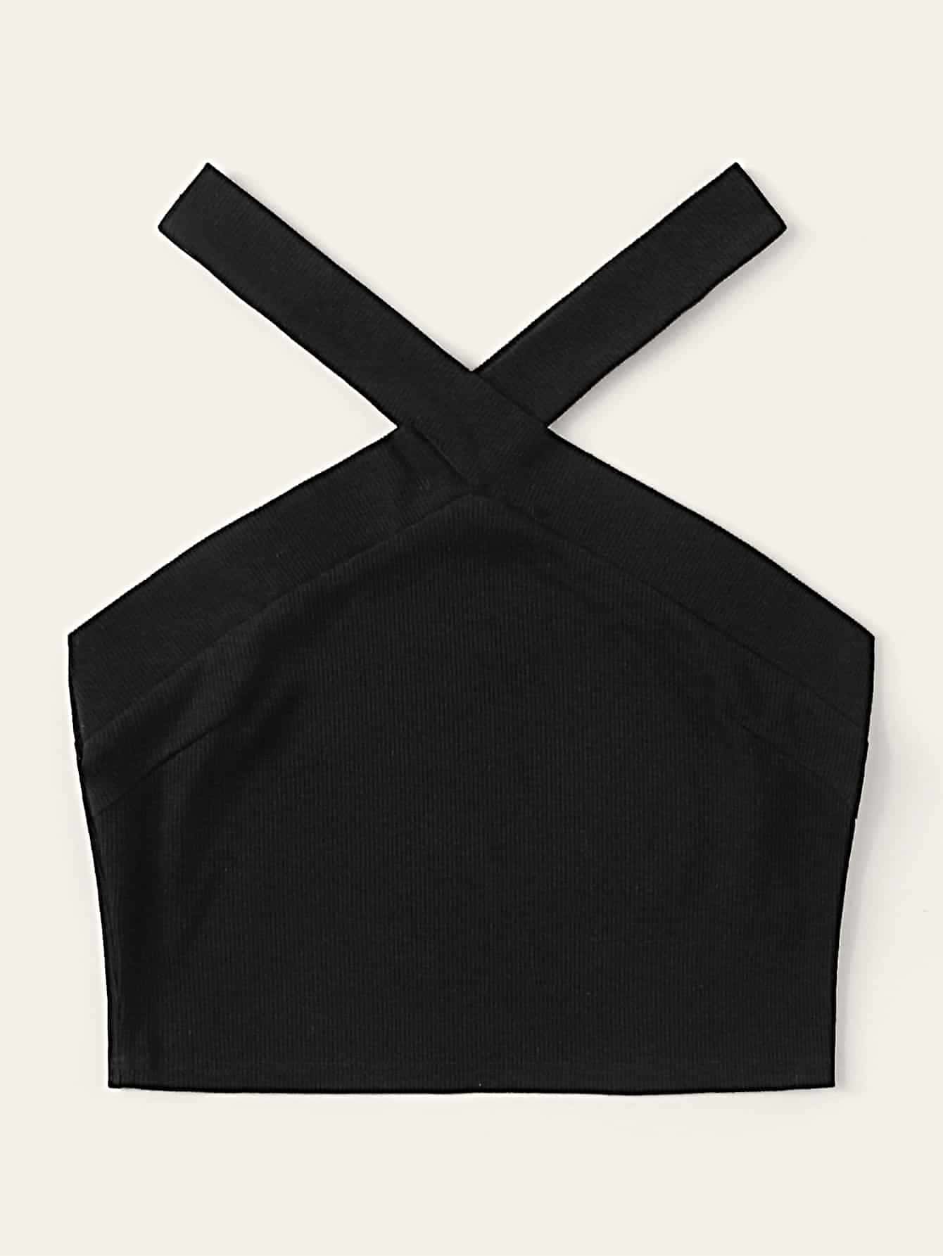 SHEIN EZwear Solid Rib-knit Criss-cross Halter Top | SHEIN USA
