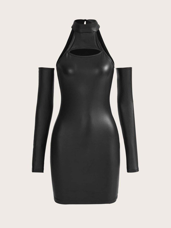 SHEIN ICON Cut Out Halter Neck PU Leather Bodycon Dress With Arm ...