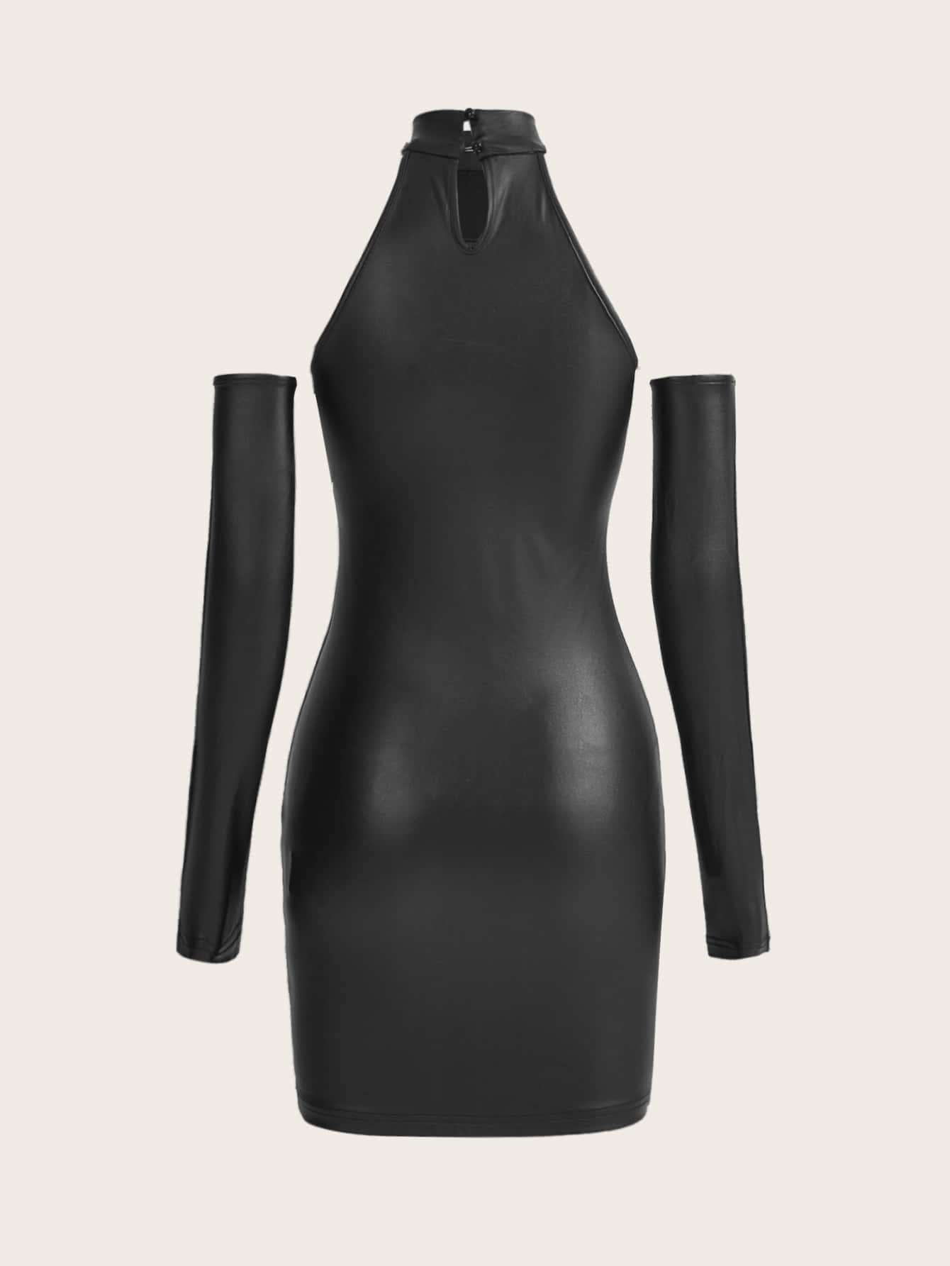 SHEIN ICON Cut Out Halter Neck PU Leather Bodycon Dress With Arm Sleeves | SHEIN USA