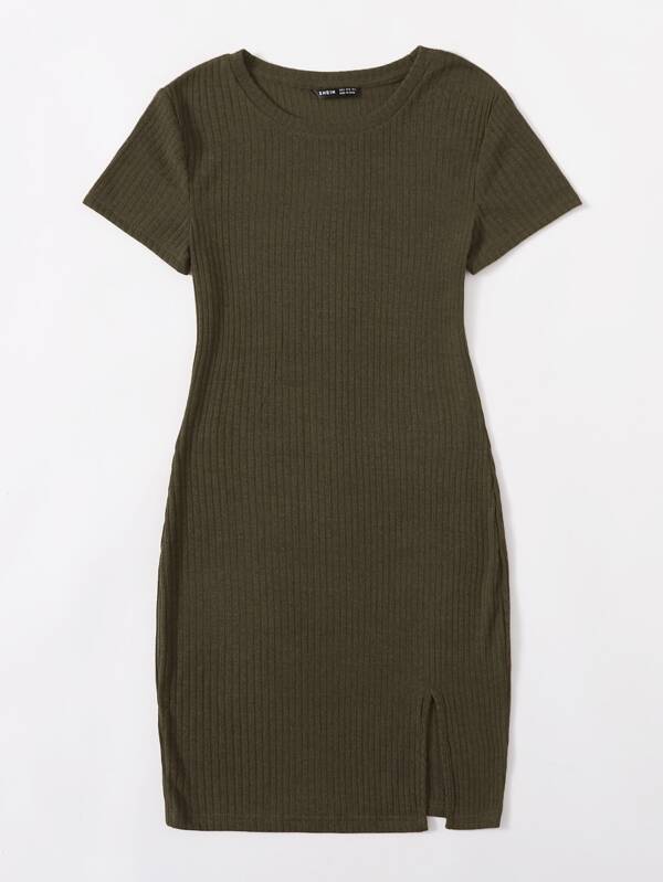 SHEIN Privé Rib-knit Split Hem Bodycon Dress | SHEIN USA