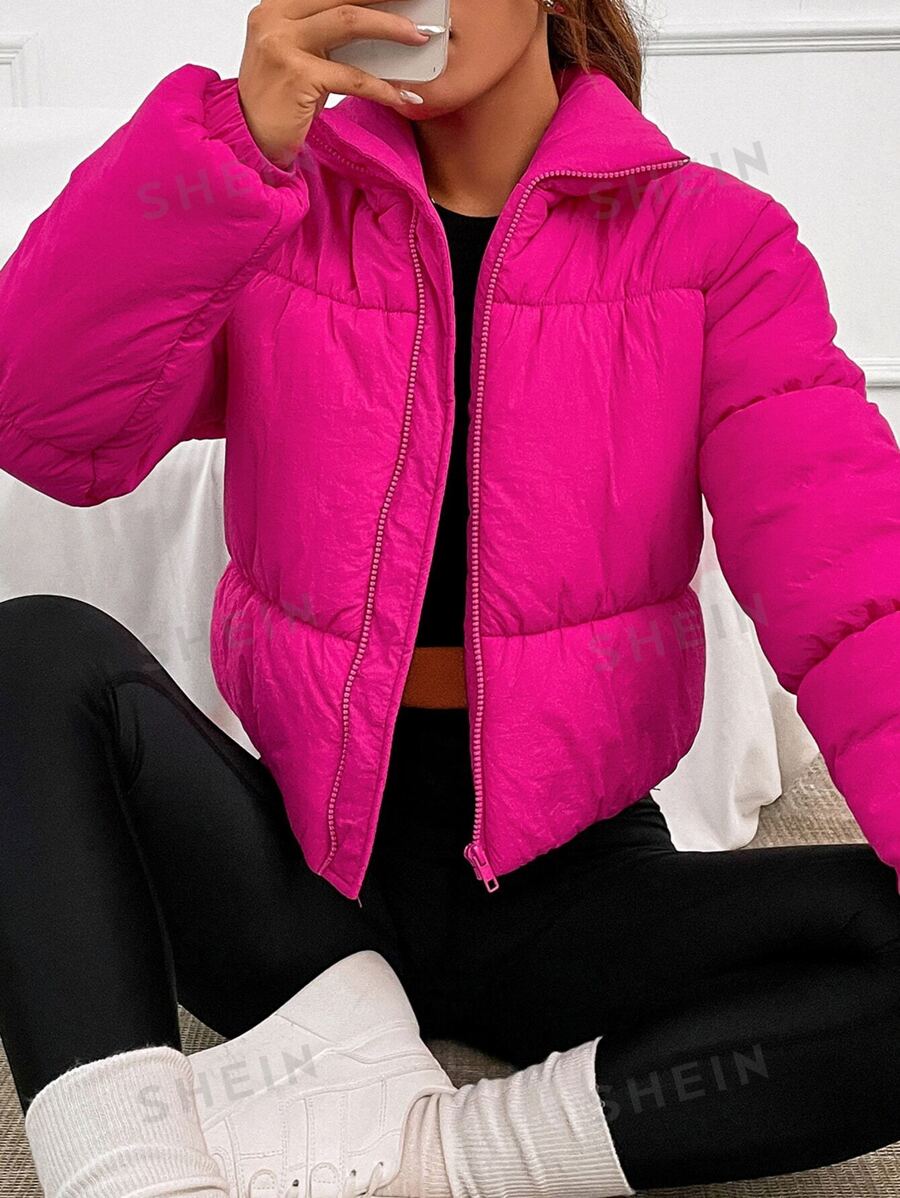 SHEIN EZwear Pink Dopamine Solid Zip Up Puffer Coat | SHEIN UK