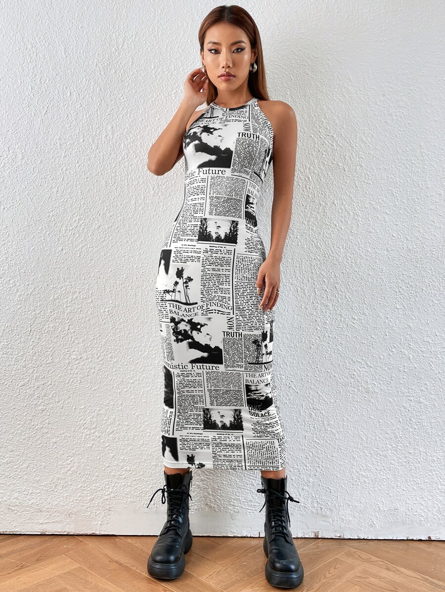 SHEIN EZwear Newspaper Print Bodycon Dress | SHEIN USA