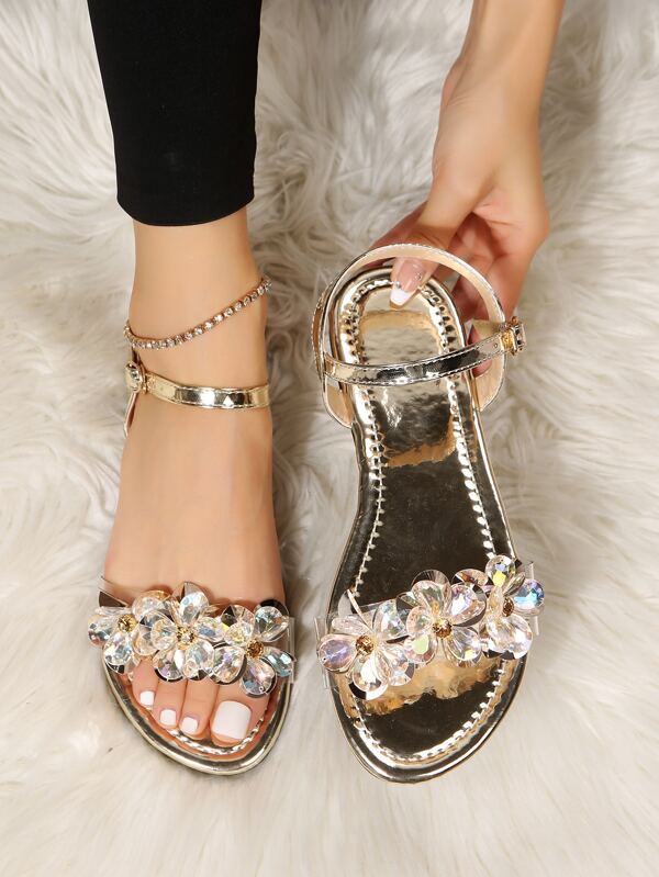 Women Metallic Golden Solid Rhinestone Flower Decor Single Band Ankle ...
