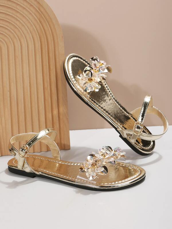 Women Metallic Golden Solid Rhinestone Flower Decor Single Band Ankle ...