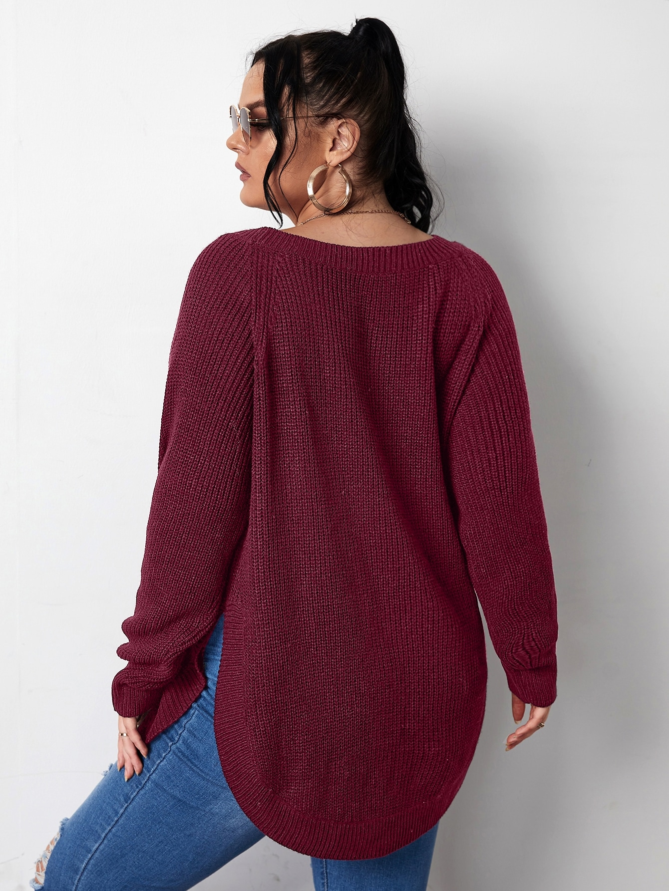 SHEIN LUNE Plus Solid Raglan Sleeve Curved Hem Sweater | SHEIN USA
