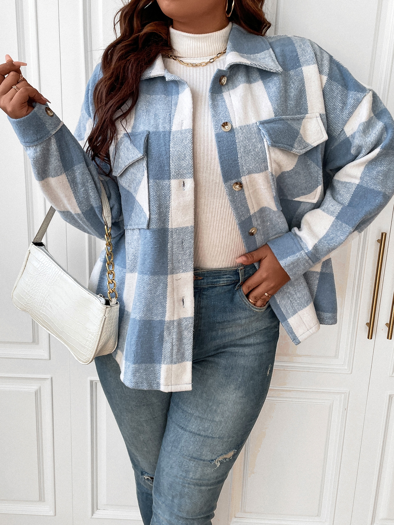 Plus Buffalo Plaid Flap Pocket Drop Shoulder Overcoat