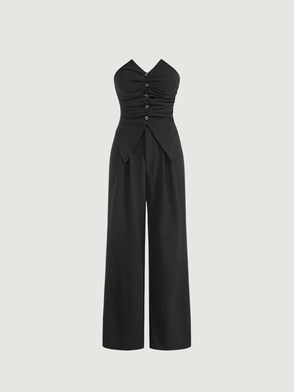 SHEIN MOD Ruched Button Front Tube Top & Wide Leg Trousers | SHEIN UK