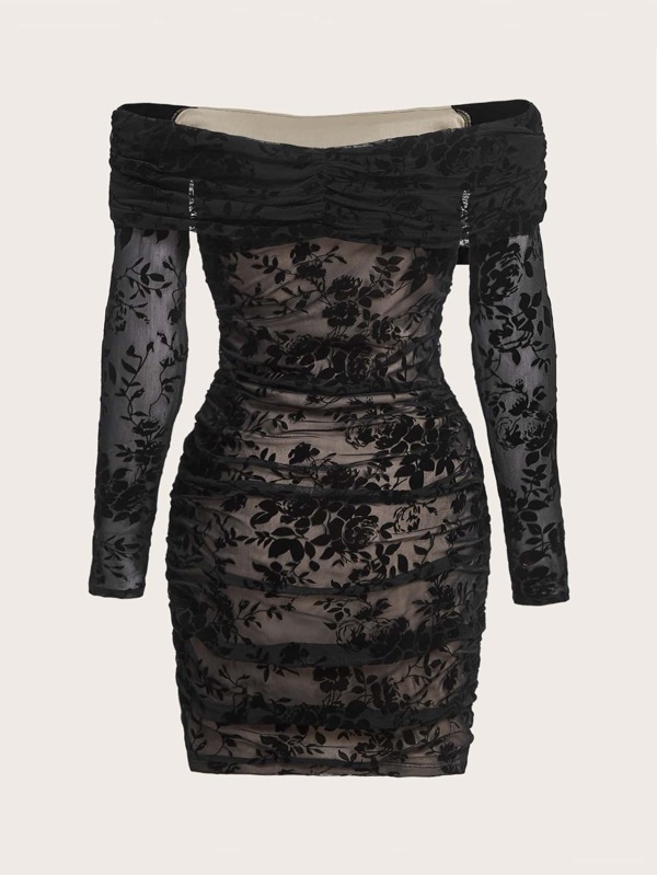 ROMWE PUNK Grunge Floral Print Off Shoulder Ruched Mesh Bodycon Dress ...