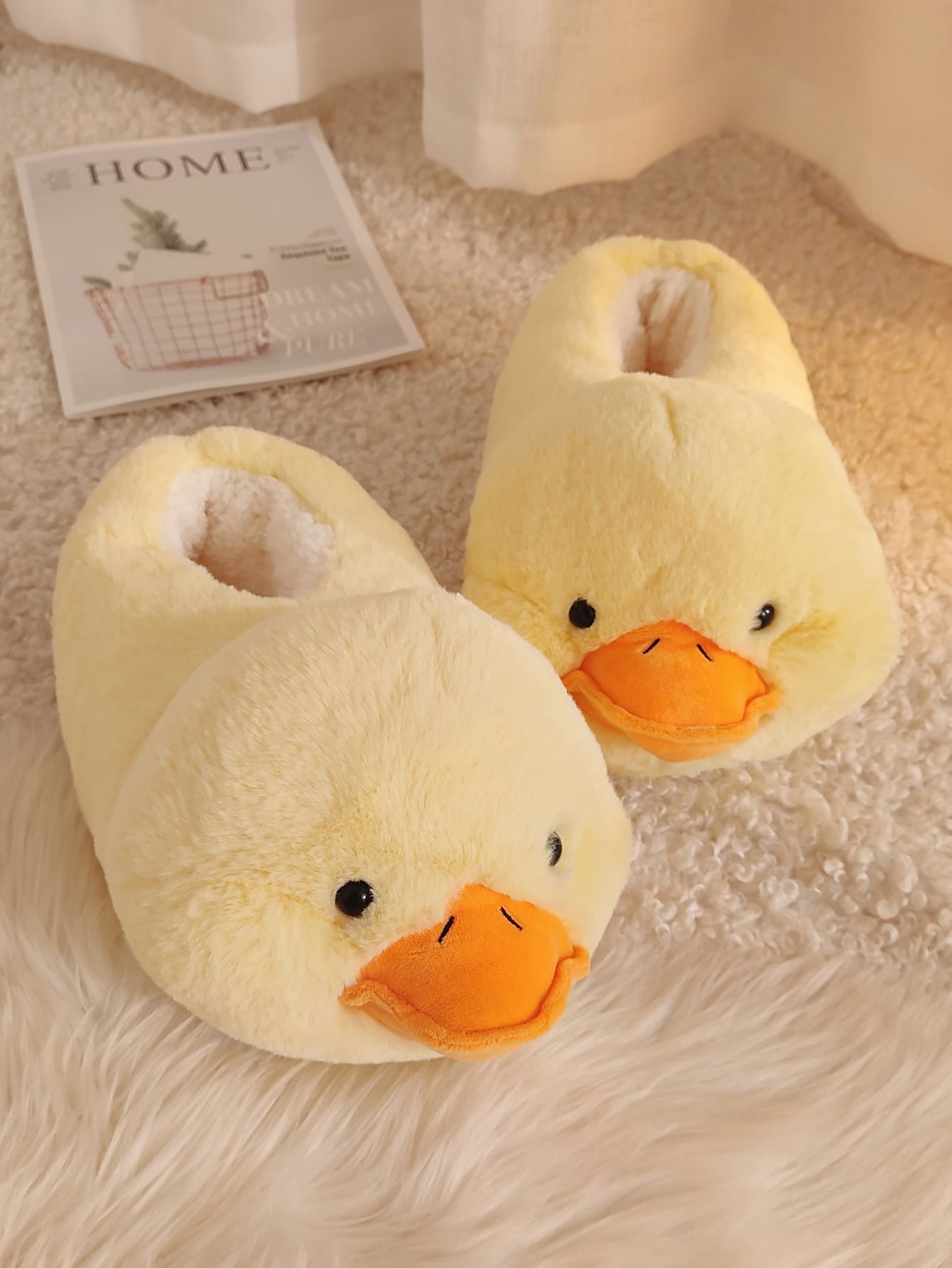 Duck Design Fuzzy Novelty Slippers, Yellow Preppy Style Cartoon Women's ...