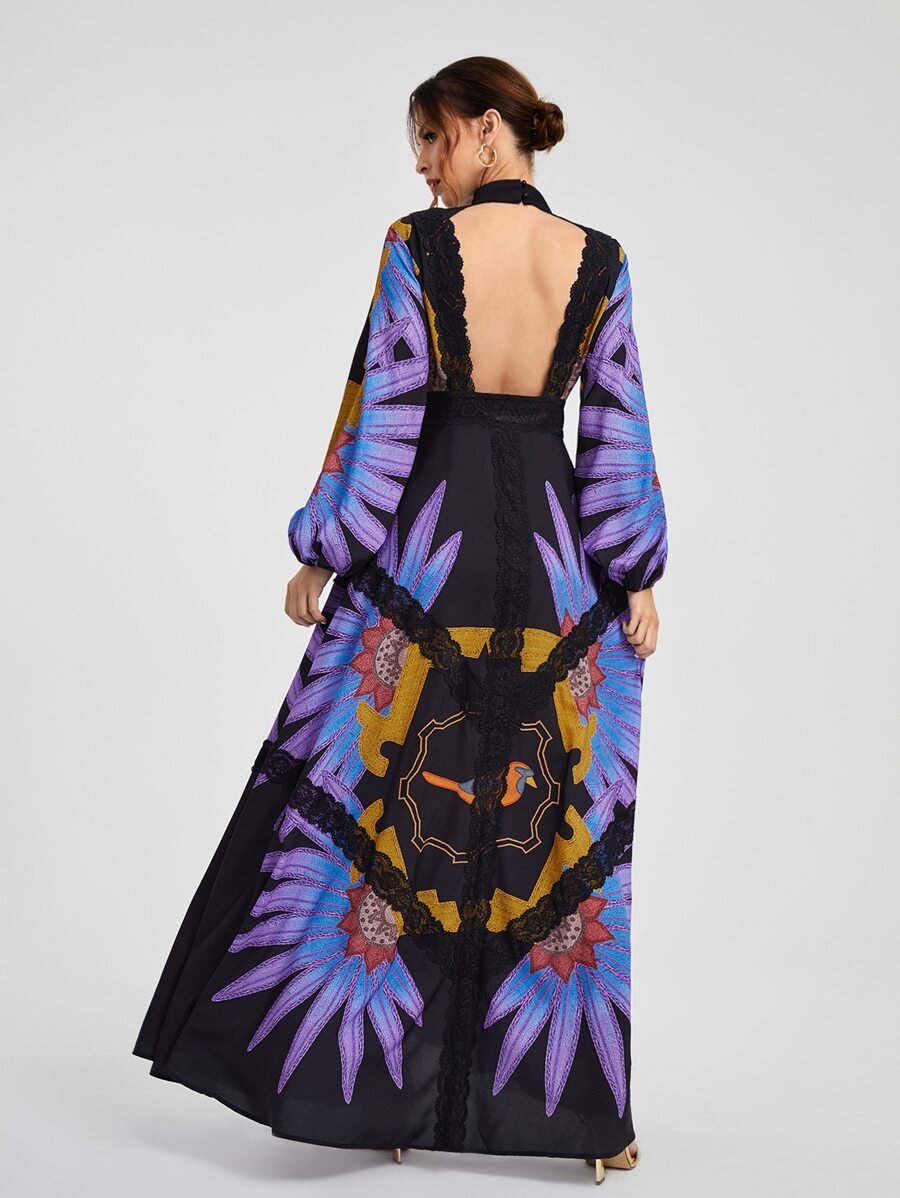 ISELACOS Designer Floral Print Mock Neck Belted Dress, Concert Outfit ...