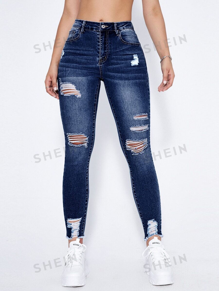 SHEIN Essnce High Waist Ripped Moustache Effect Skinny Jeans | SHEIN USA