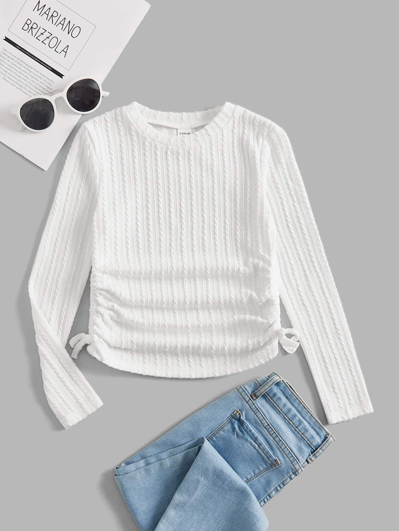 SHEIN Tween Girl Round Neck Long Sleeves Knitted Top With Texture, With ...