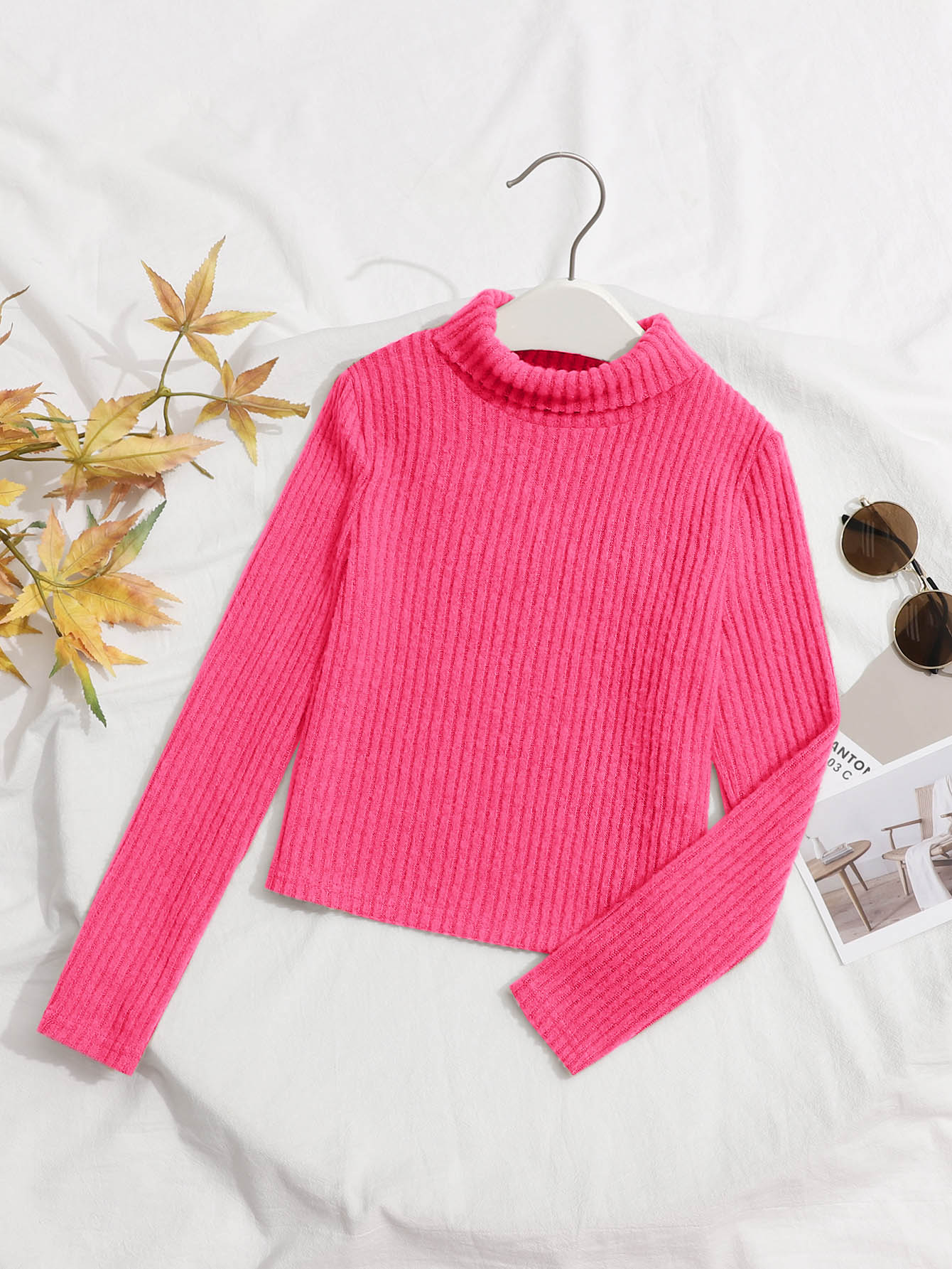 SHEIN Girls Turtle Neck Ribbed Knit Thermal Tee | SHEIN UK