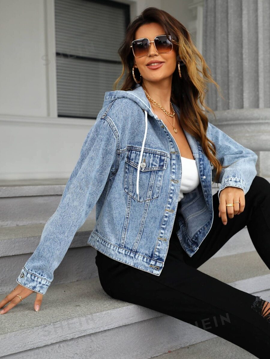 SHEIN Frenchy Flap Pocket Drop Shoulder Denim Jacket | SHEIN USA